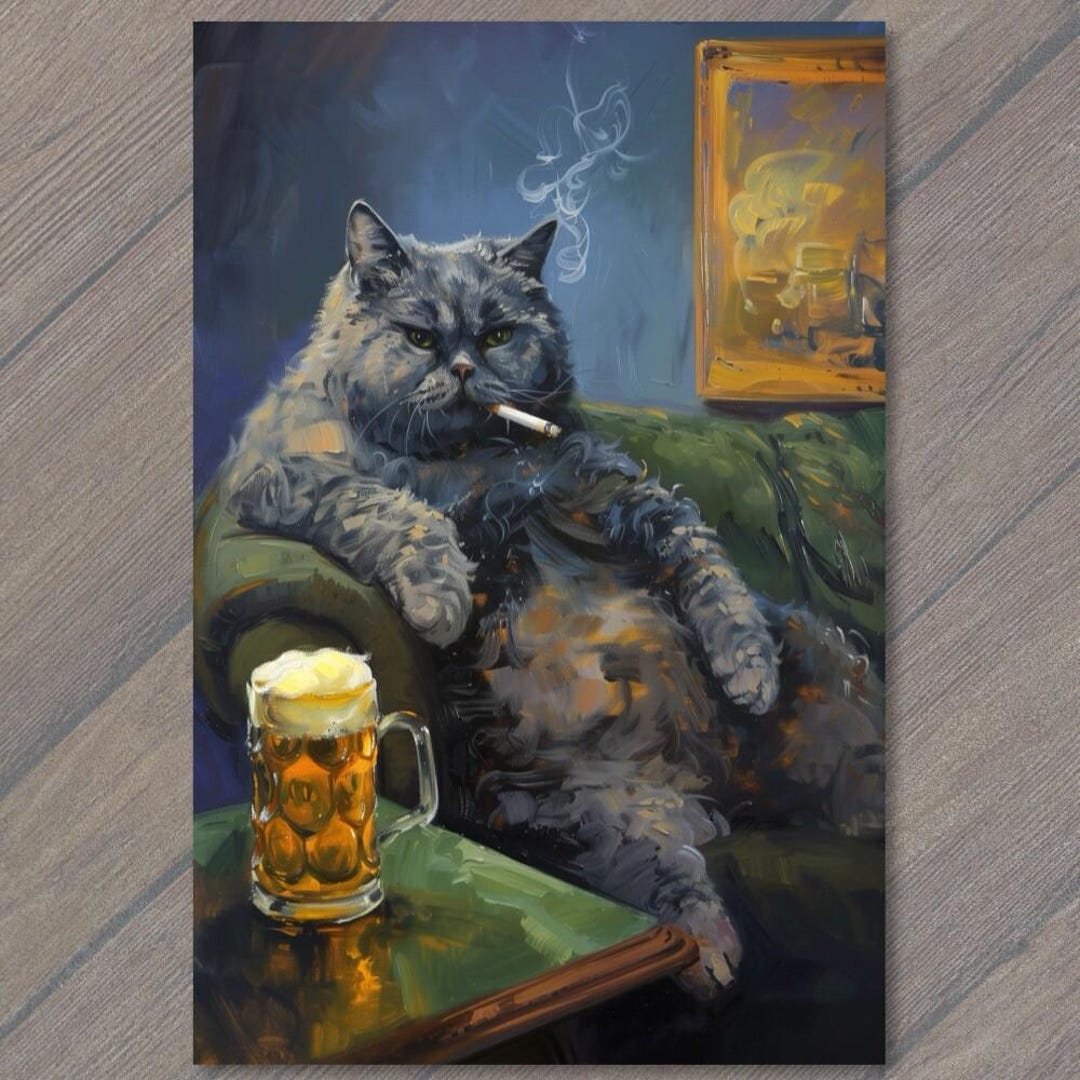 POSTCARD Fat Cat Drinking Beer Smoking Lounge Chair Unusual Cute Fun ...