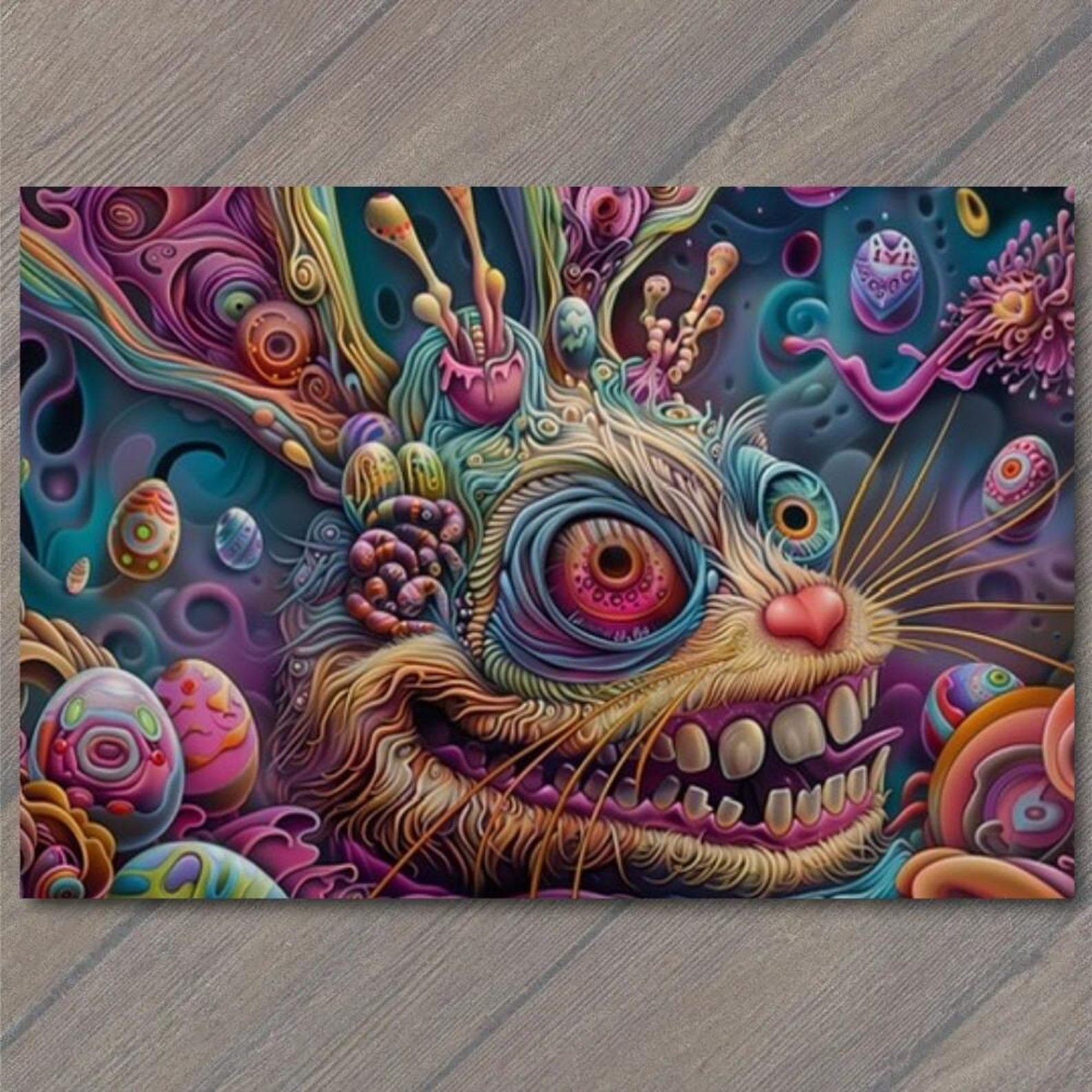 POSTCARD Rabbit Bunny Surrealism Crazy Bright Colors Weird Strange Wild ...