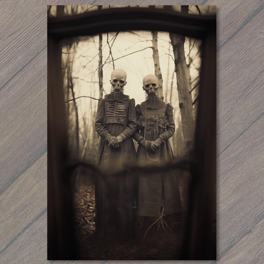 POSTCARD Strange Weird Creepy Skeleton Twins Woods Unreal Halloween ...