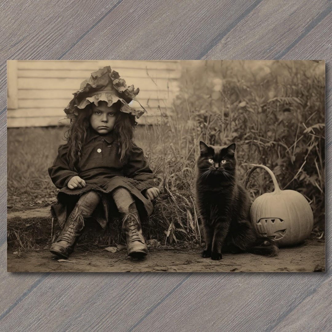 POSTCARD Weird Creepy Vintage Vibe Scary Girl Halloween Pumpkin Cat ...
