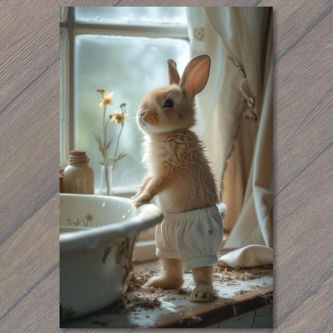 POSTCARD Bunny Rabbit Robe in Bath Bathrobe Bathroom Cute Shower Clean ...