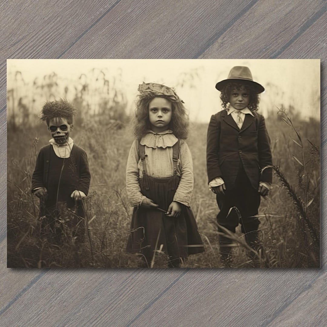 POSTCARD Weird Creepy Vintage Children Halloween Cult Unusual Mask Kids ...