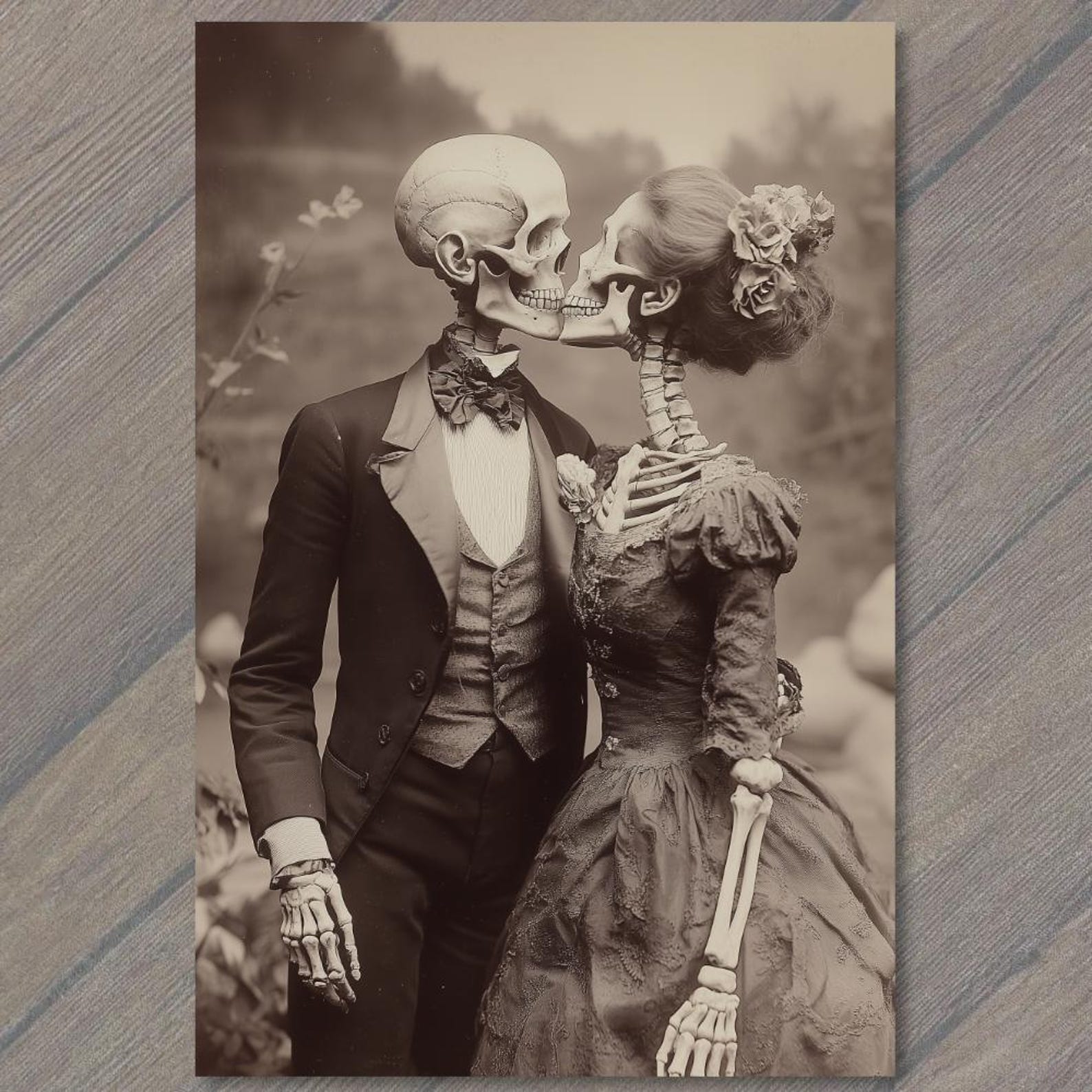 POSTCARD Romantic Skeleton Bride Groom Top Hat Floral Goth Wedding Love ...