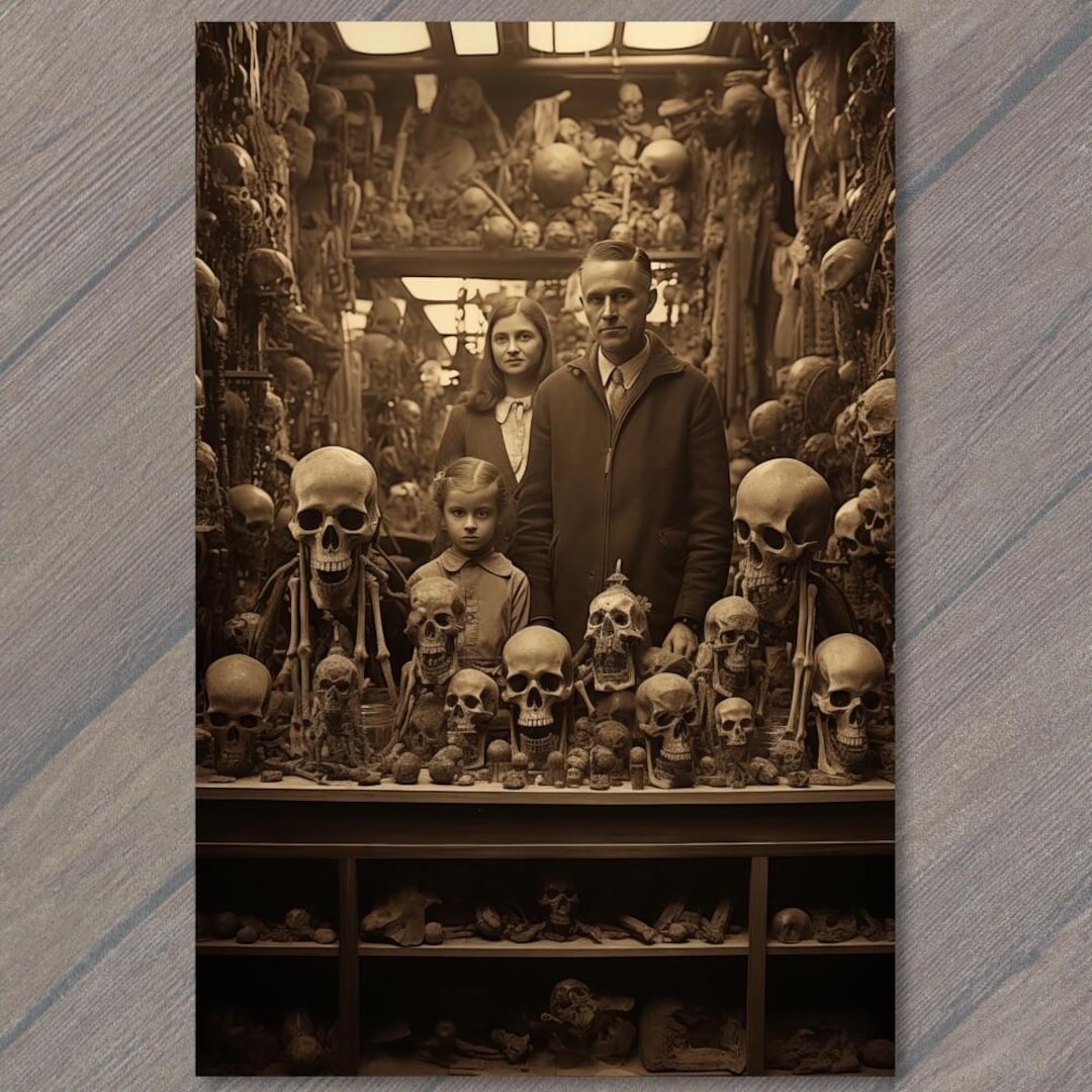 POSTCARD Weird Creepy Skull Girl Skeleton Death Family Halloween Cult ...