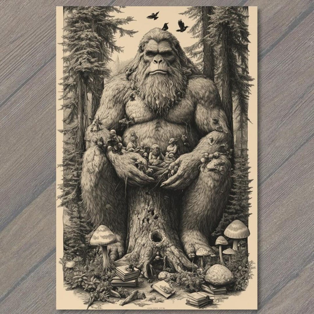 POSTCARD Bigfoot Walking Moonlit Forest Skulls Trees Mythical Creature ...