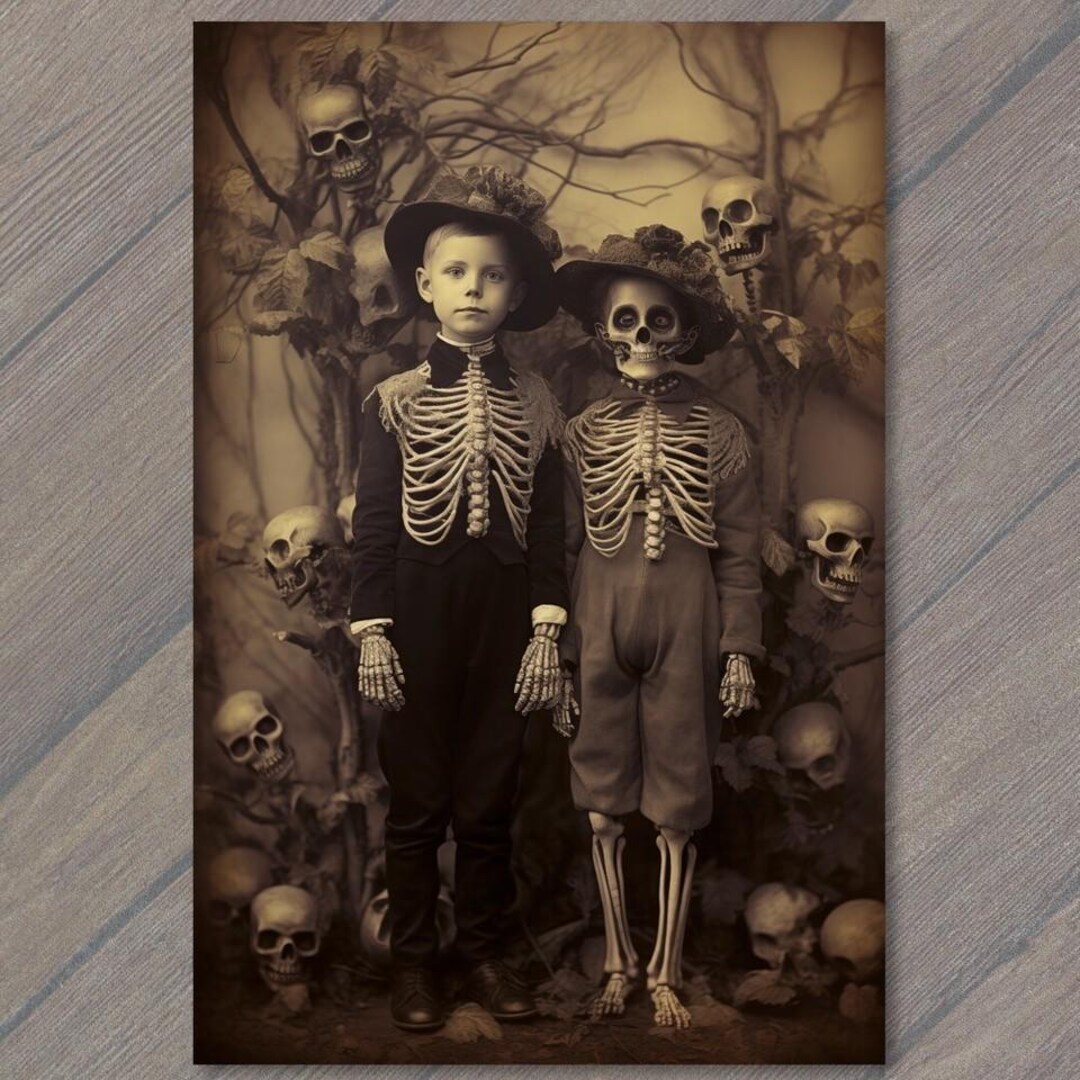 POSTCARD Weird Creepy Kids Skeleton Twin Unreal Halloween Unusual ...