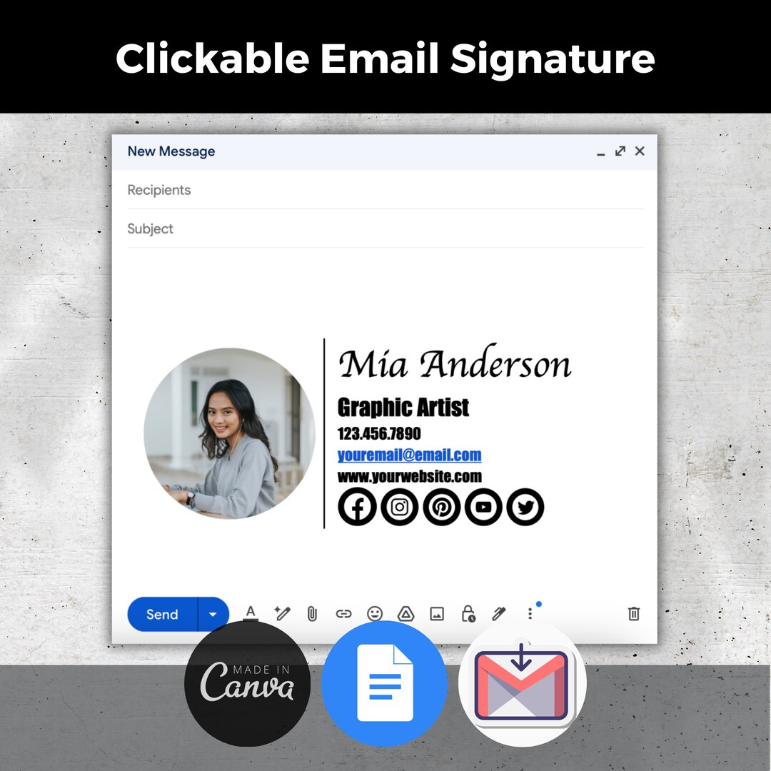 Editable Clickable Email Signature Template for Gmail, Google Docs, Clickable Links, Canva ...
