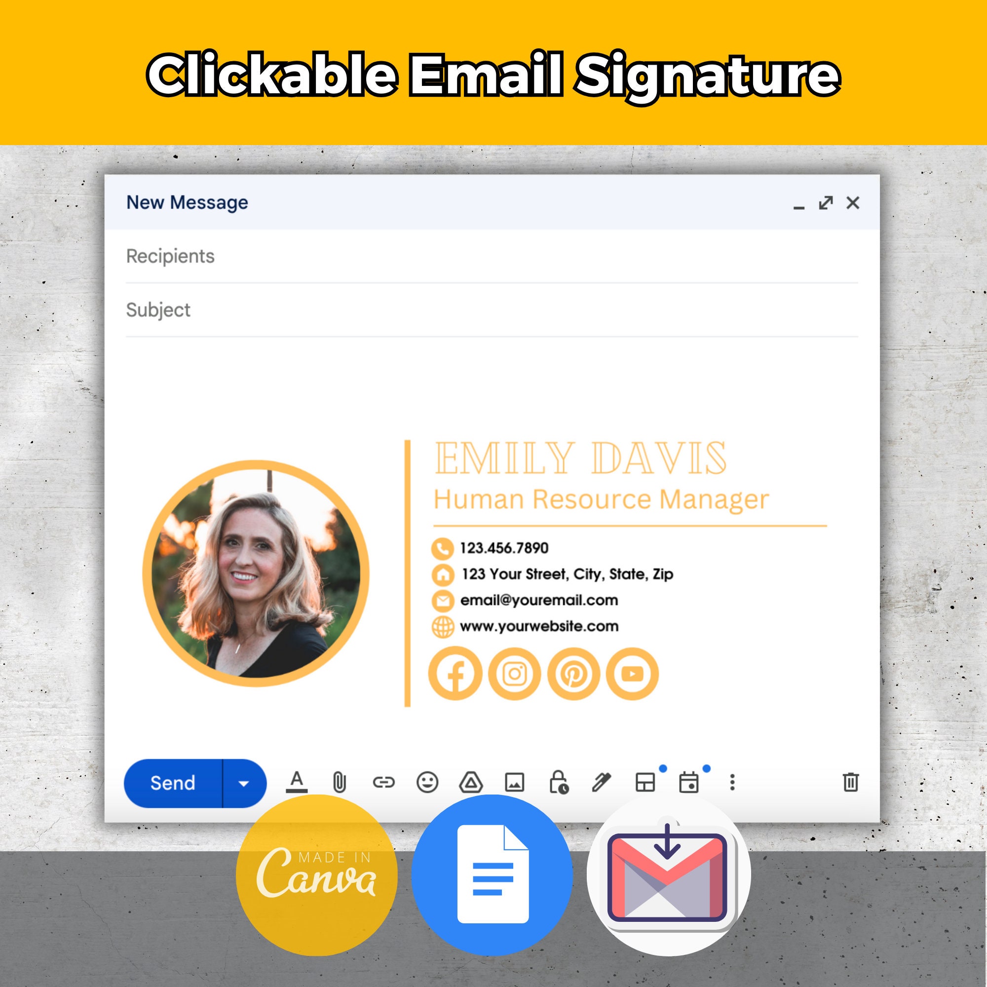 Editable Email Signature Template for Gmail, Google Docs, Clickable ...