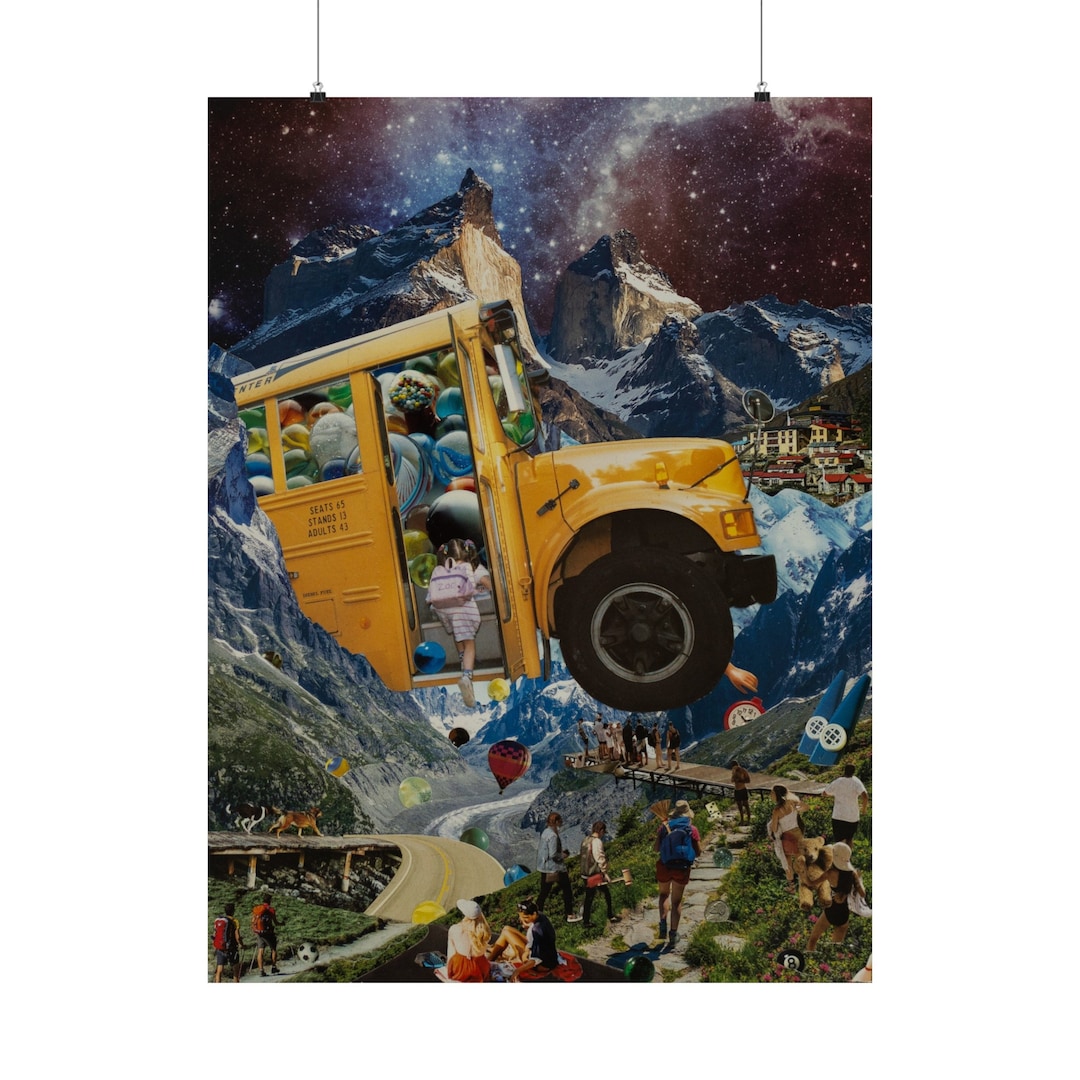 School Bus in Space Collage - Whimsical Wall Art - Etsy
