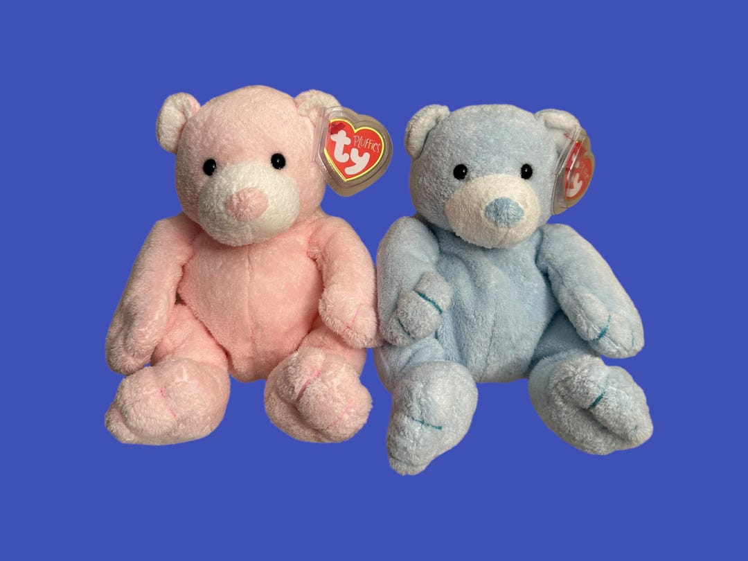 TY Pluffies - Pudder the Pink Bear and Tinker the Blue Bear (9"). Mint ...