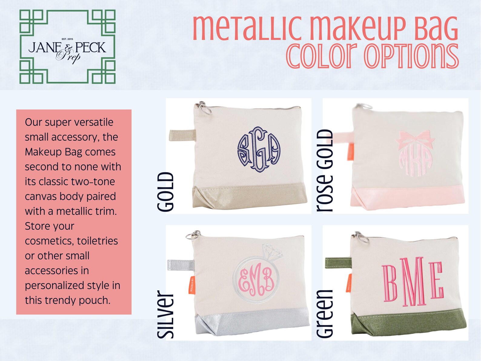 Personalized Metallic Makeup Bag, Natural White Canvas Bag With Four ...
