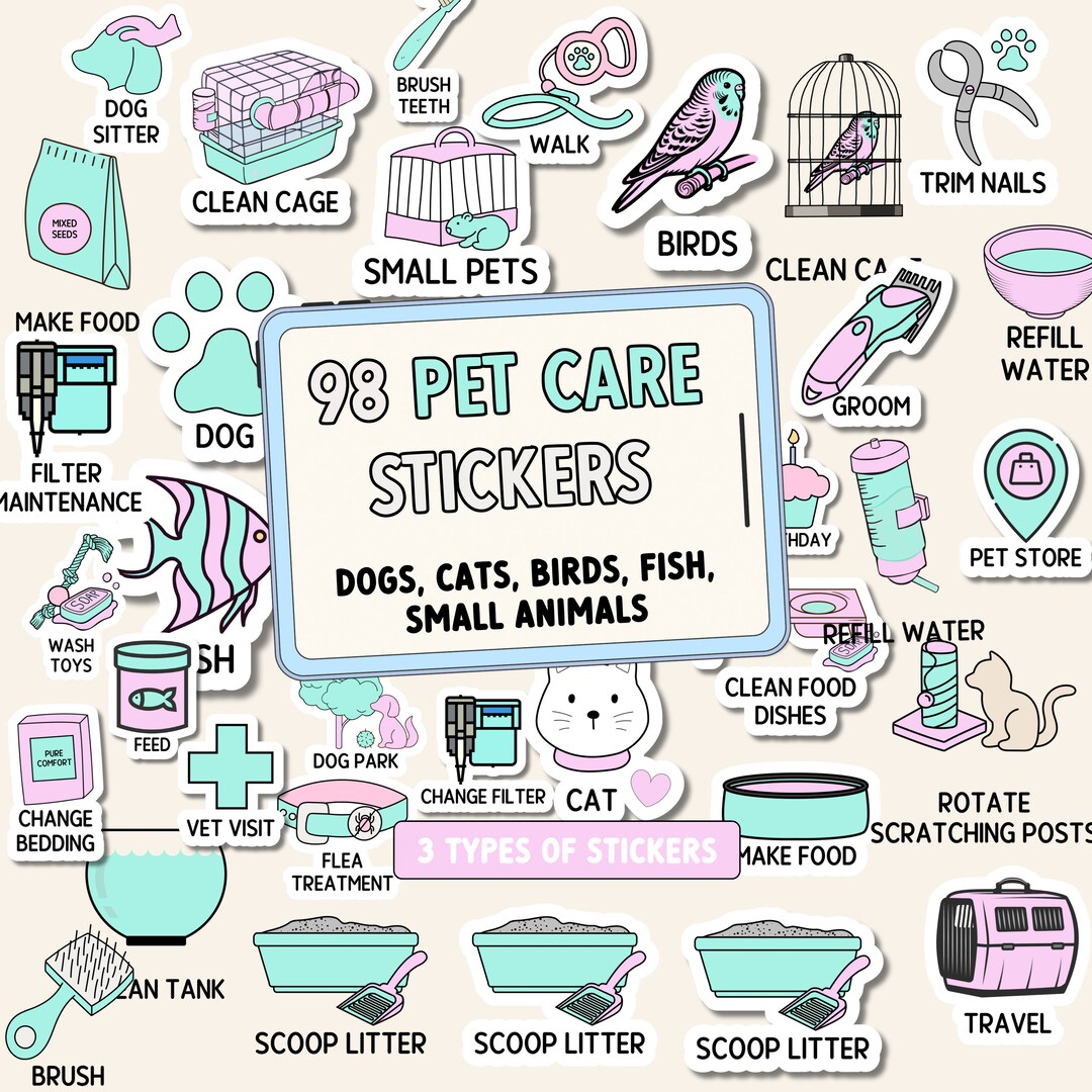 Pet Care Stickers for Goodnotes Digital Planners, Bird, Fish, Hamster ...