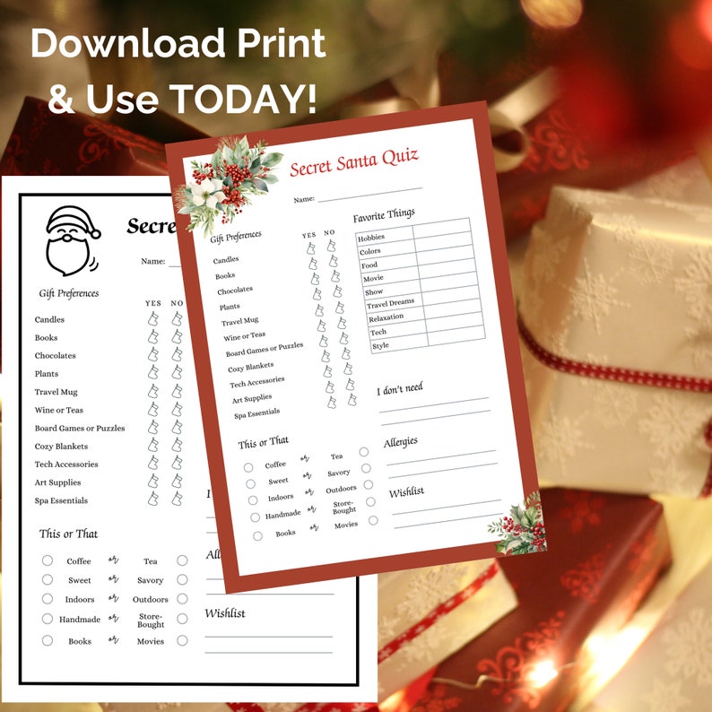 PRINTABLE Secret Santa Quiz INSTANT DOWNLOAD, Holiday Gift Exchange ...