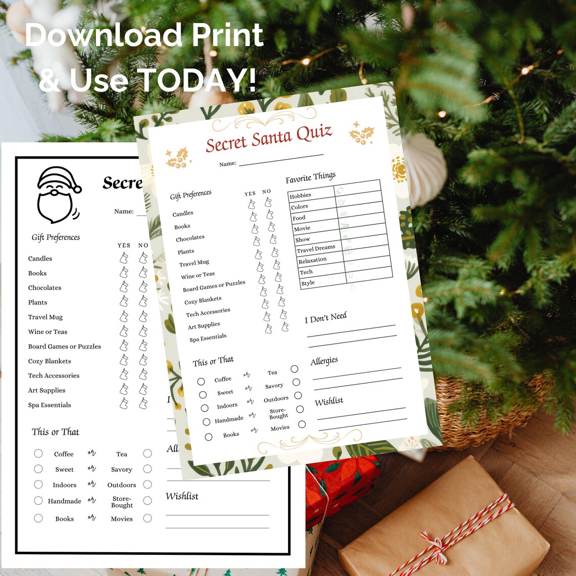 PRINTABLE Secret Santa Quiz INSTANT DOWNLOAD, Holiday Gift Exchange ...