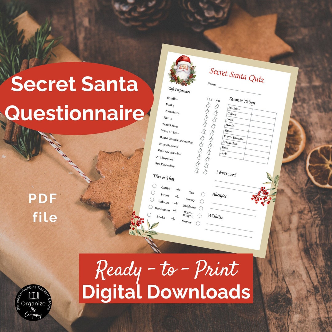PRINTABLE Secret Santa Quiz INSTANT DOWNLOAD, Holiday Gift Exchange ...
