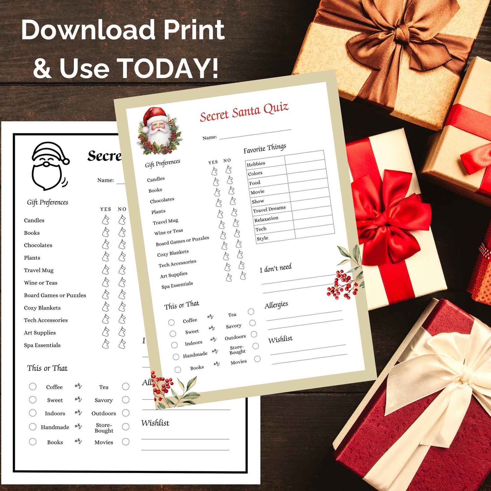 PRINTABLE Secret Santa Quiz INSTANT DOWNLOAD, Holiday Gift Exchange ...