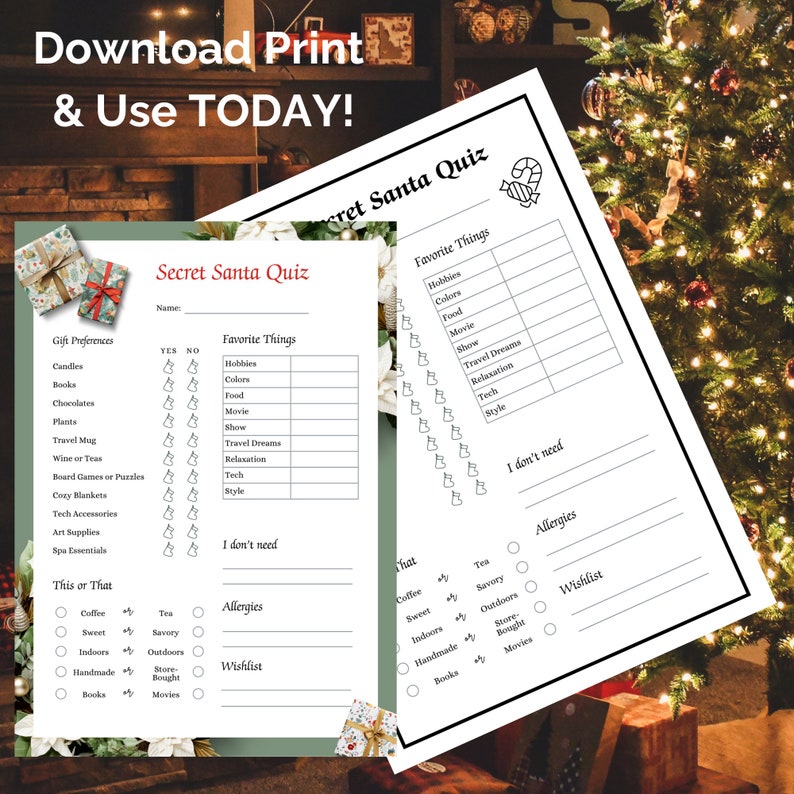 PRINTABLE Secret Santa Quiz INSTANT DOWNLOAD, Holiday Gift Exchange ...