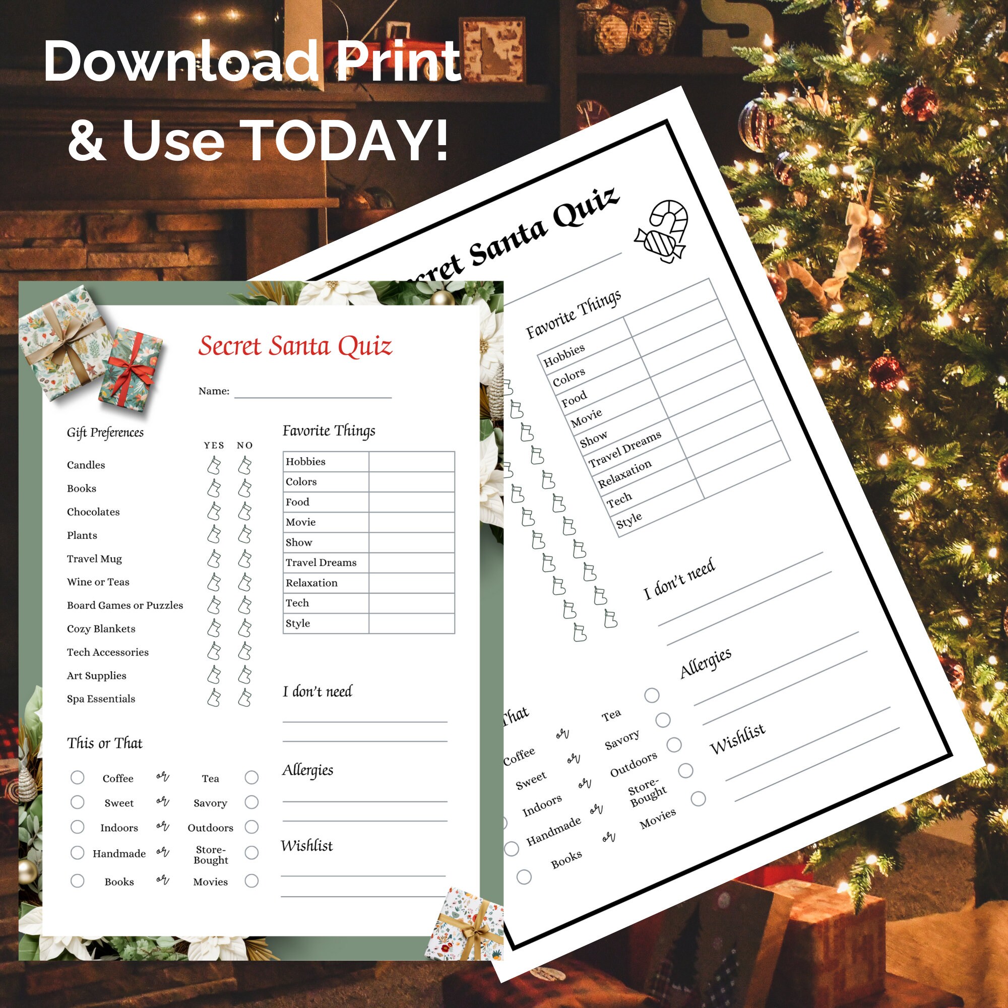 PRINTABLE Secret Santa Quiz INSTANT DOWNLOAD, Holiday Gift Exchange ...