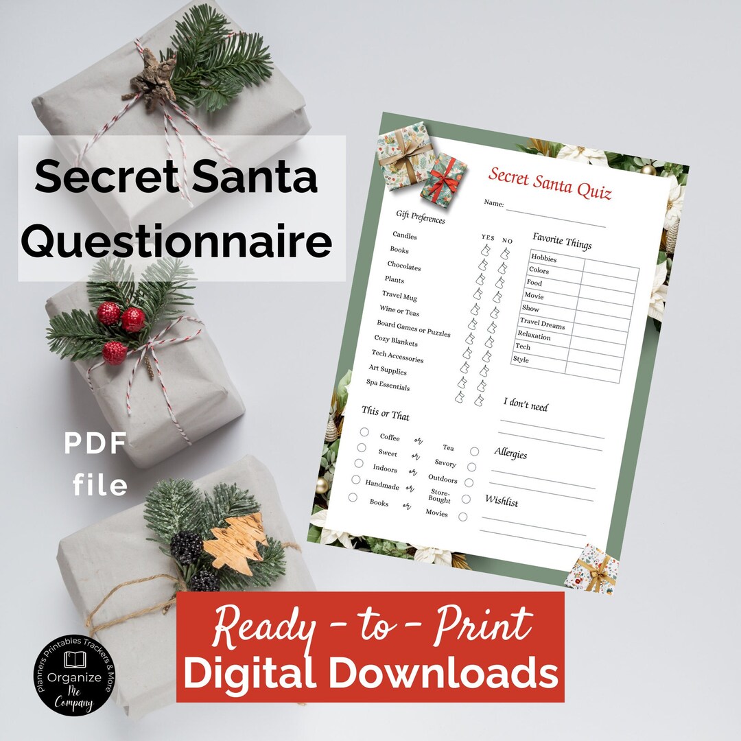 PRINTABLE Secret Santa Quiz INSTANT DOWNLOAD, Holiday Gift Exchange ...