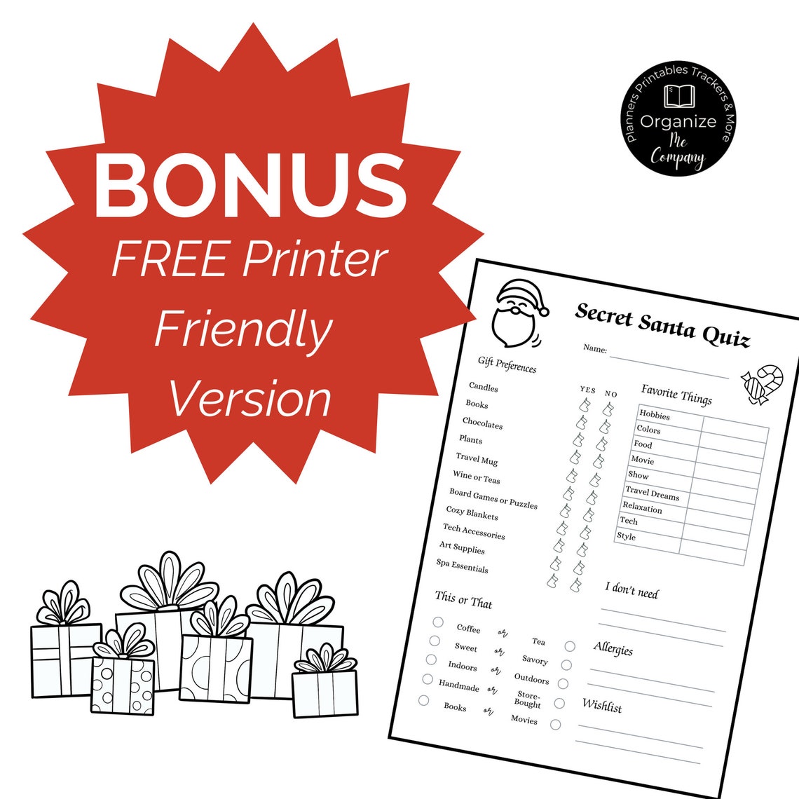 PRINTABLE Secret Santa Quiz INSTANT DOWNLOAD, Holiday Gift Exchange ...