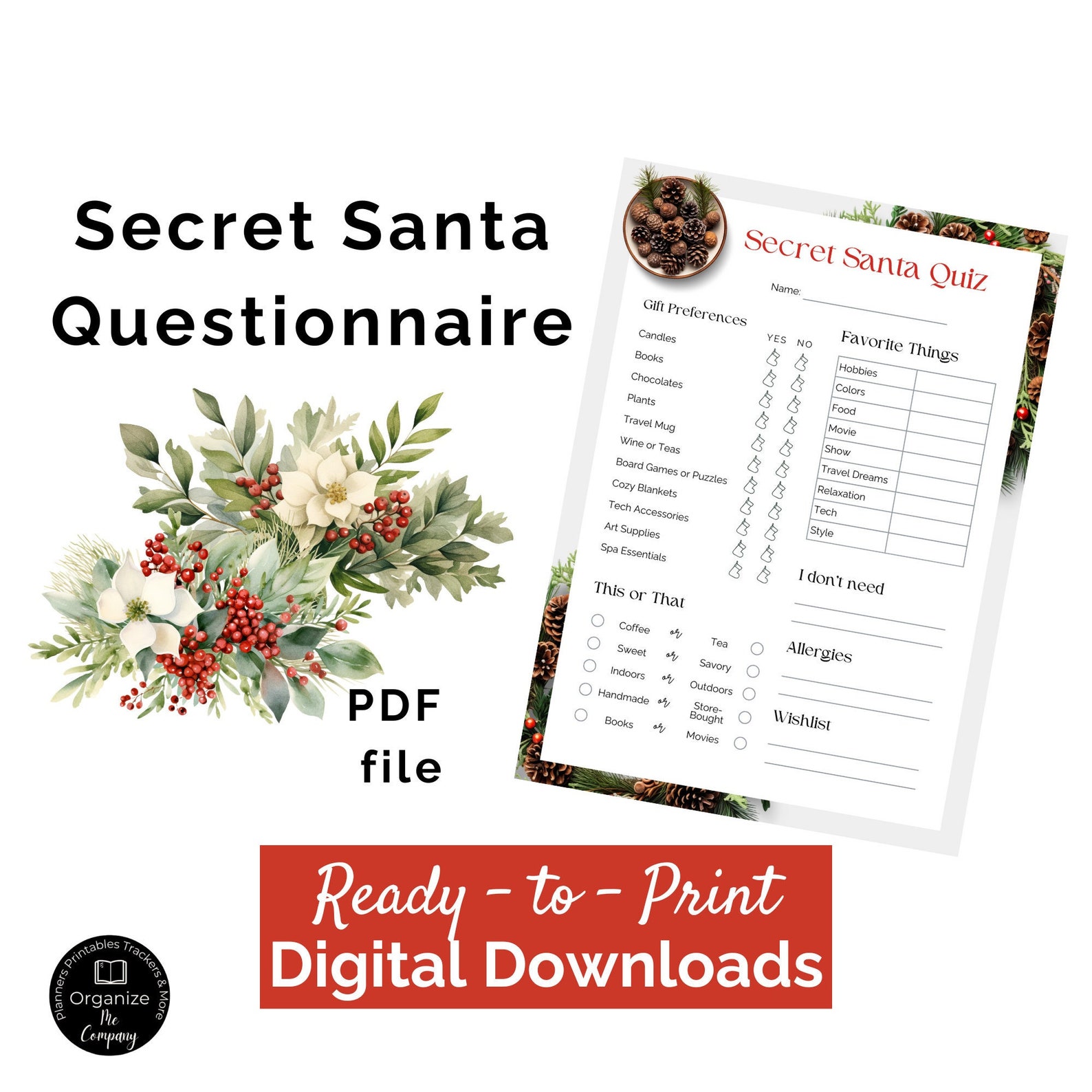 PRINTABLE Secret Santa Quiz INSTANT DOWNLOAD, Holiday Gift Exchange ...