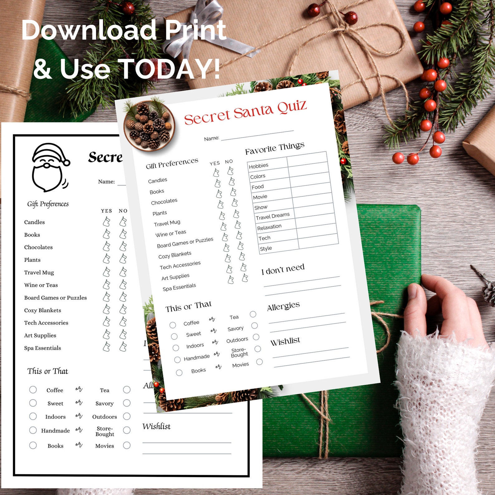 PRINTABLE Secret Santa Quiz INSTANT DOWNLOAD, Holiday Gift Exchange ...
