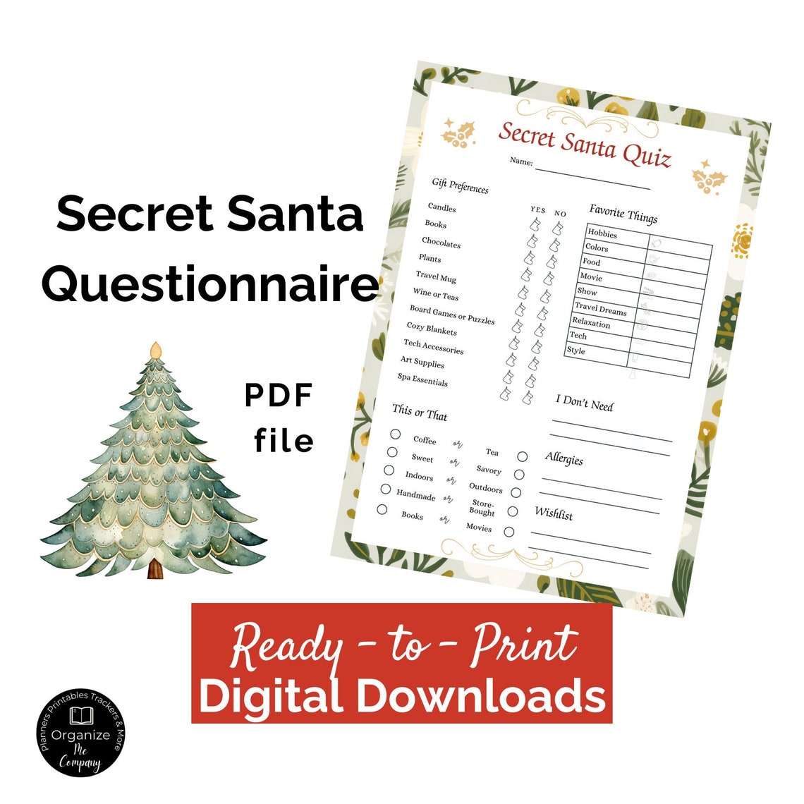 PRINTABLE Secret Santa Quiz INSTANT DOWNLOAD, Holiday Gift Exchange ...