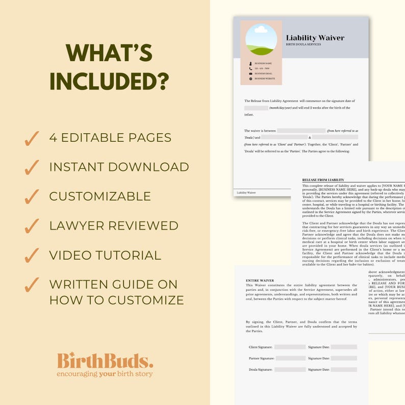 Doula Liability Waiver Template | Liability Release Forms | Editable ...