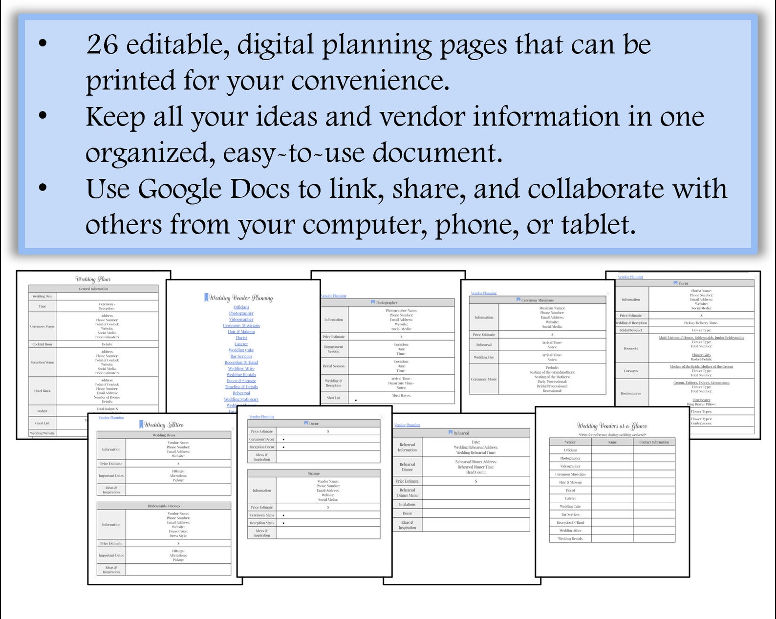 Digital Wedding Planning Template, Google Docs Basic Wedding Planner ...