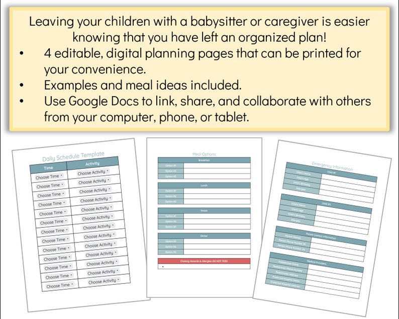 Digital Childcare Planning Template, Editable Google Doc, Caregiver ...