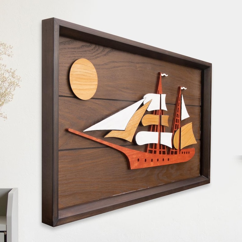Sunset Sailboat Wood Wall Art Nautical 3D Ship Decor Wooden Hanging ...