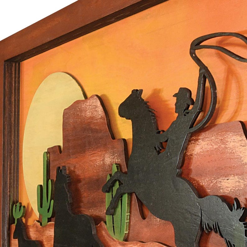 Texan Cowboy and Horse Scene 3D Layered Wooden Wall Hanging, Handmade ...