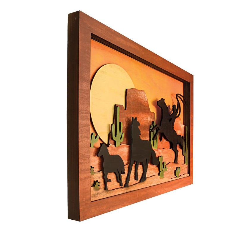 Texan Cowboy and Horse Scene 3D Layered Wooden Wall Hanging, Handmade ...