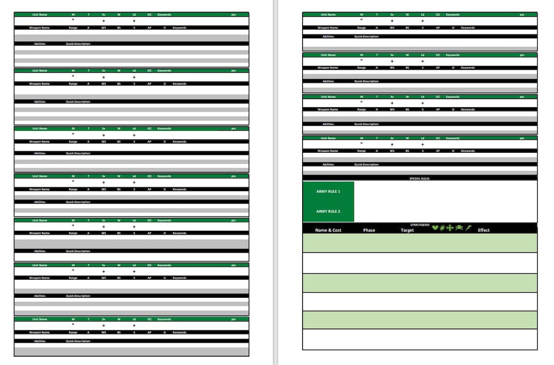 40k 10th Edition Army Sheet Template - Excel Document - Hassle Free ...