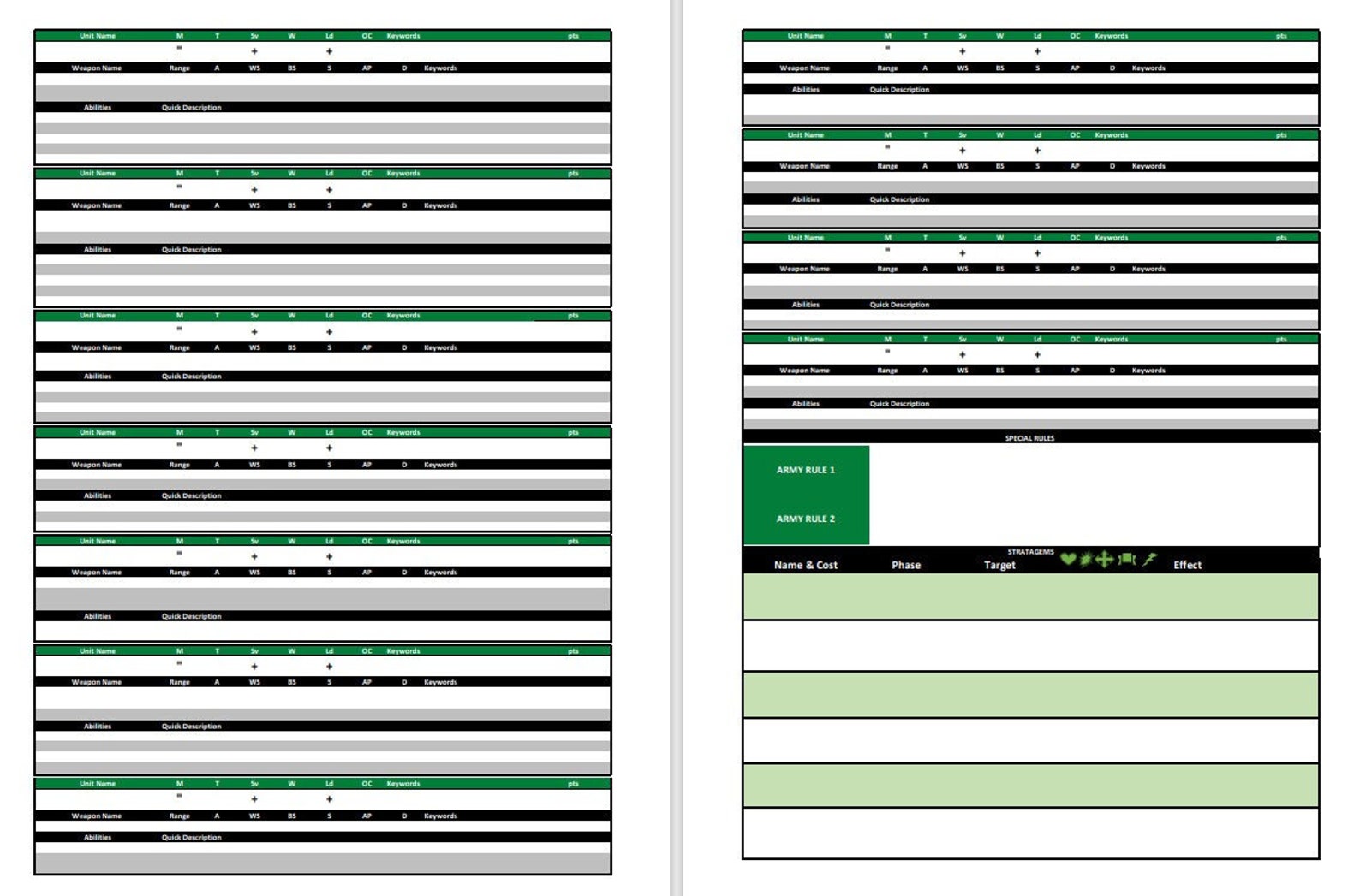 40k 10th Edition Army Sheet Template - Excel Document - Hassle Free ...