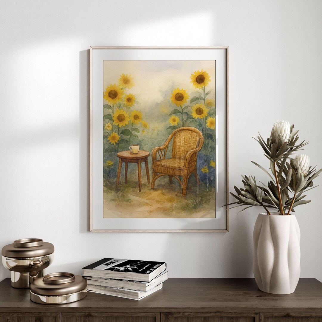Sunflower Garden Watercolor Print: Cottagecore Summer Scene (digital ...