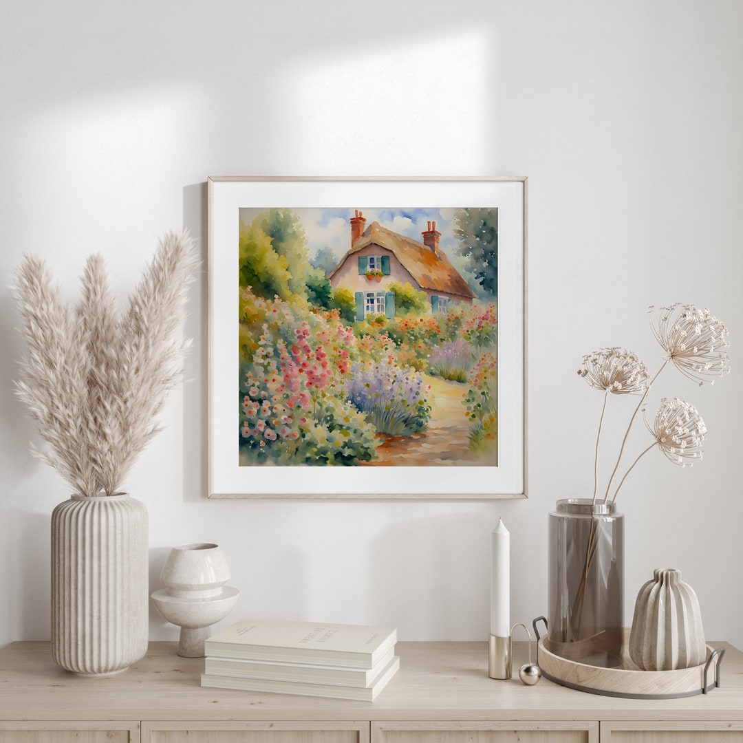 English Cottage Garden Watercolor Print: Vintage Rustic Wall Art ...