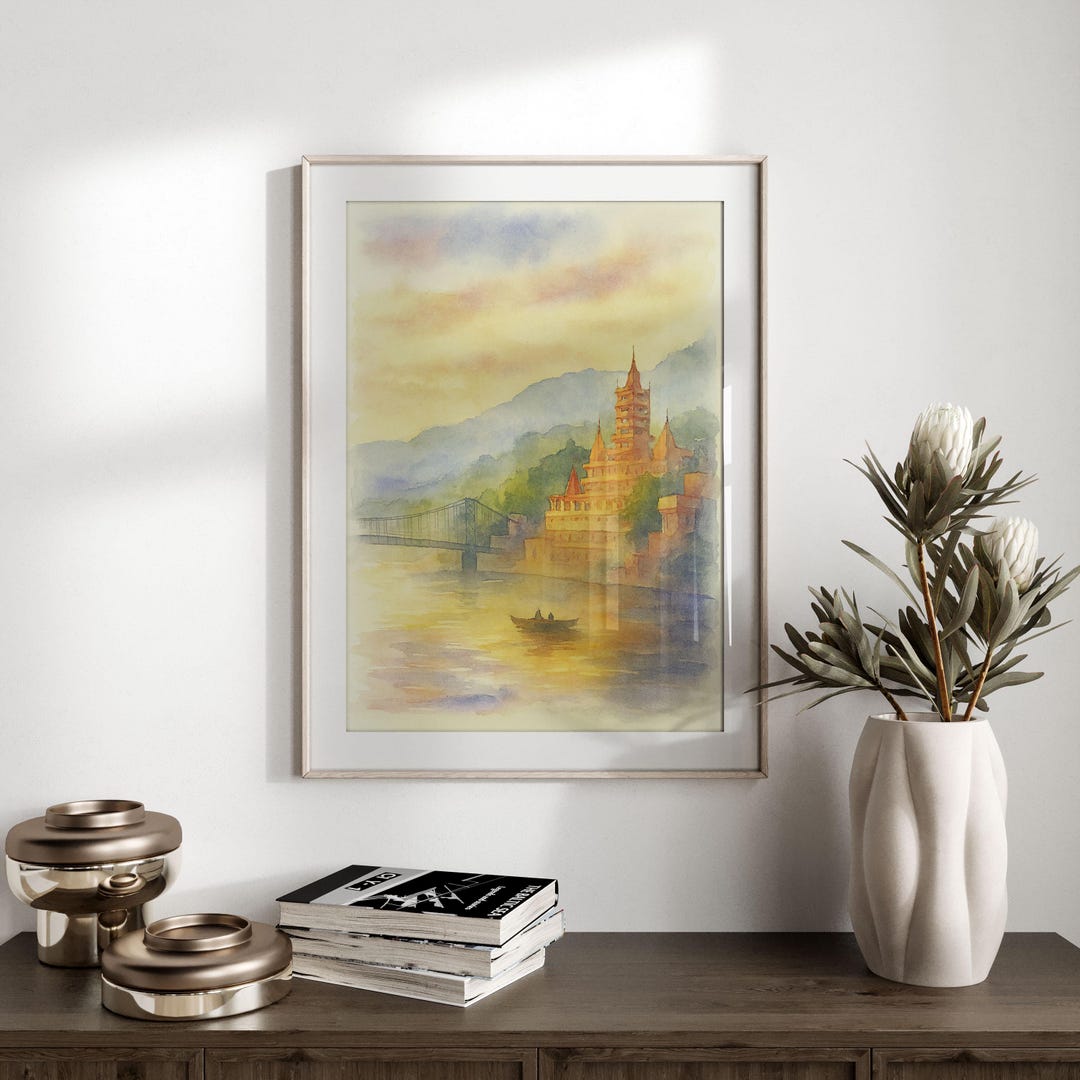Rishikesh Temple Watercolor Print: Ganges River, India (digital ...