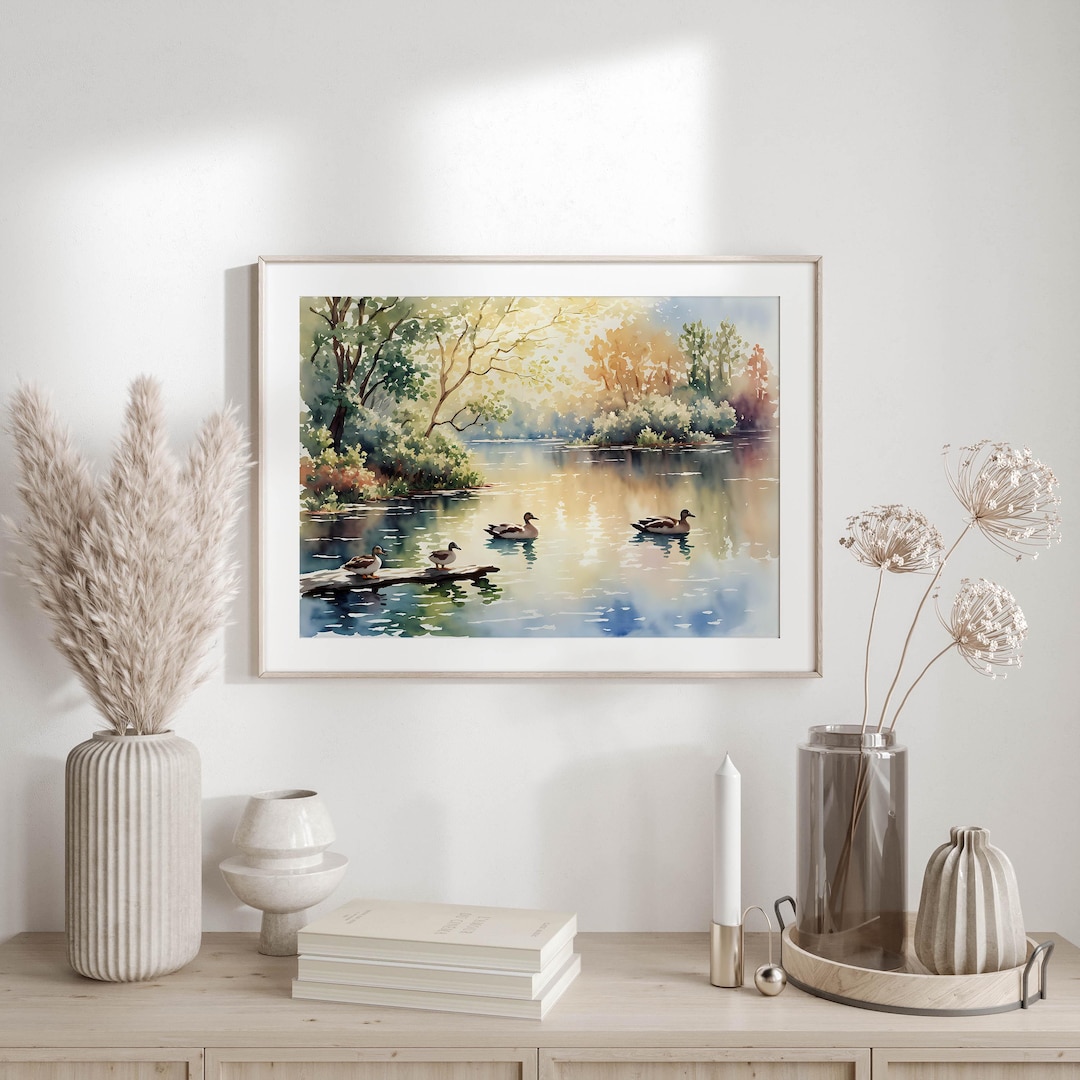 Watercolor Duck Lake Landscape Print | Vintage Nature Wall Art | Serene ...