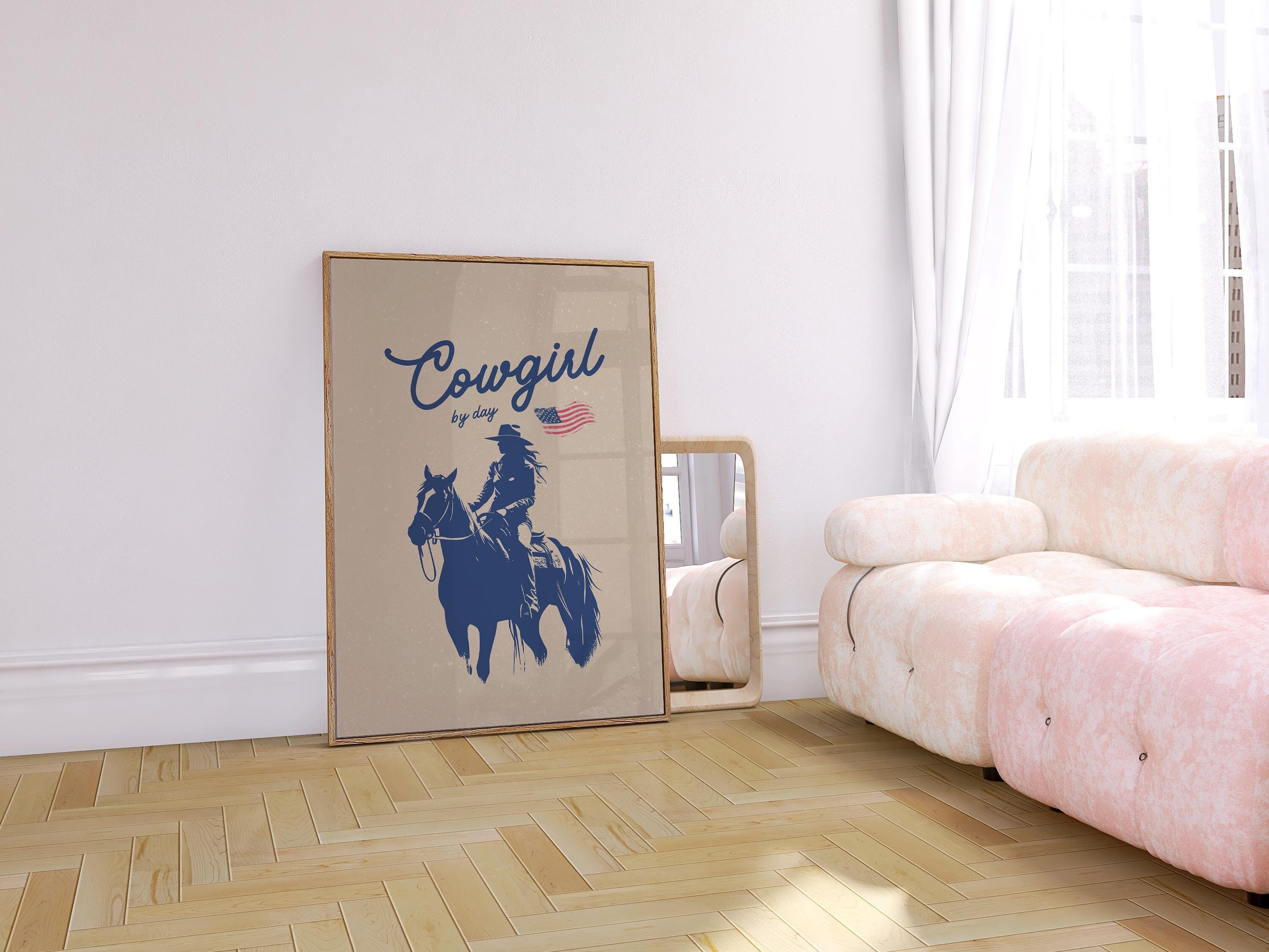 Retro Cowgirl Poster Wild West Home Decor Cowgirl on Horse Print Blue ...