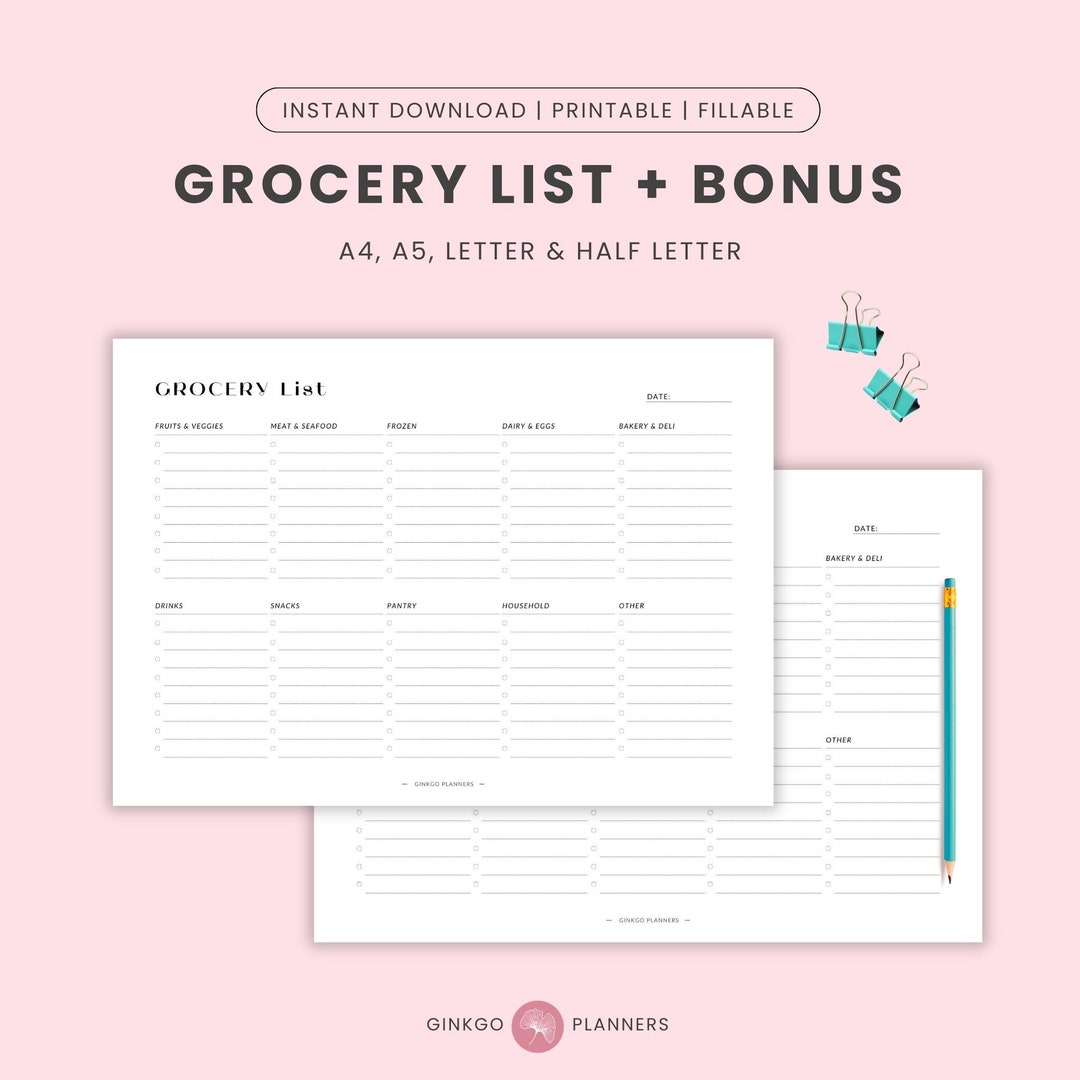 Grocery List and Inventory List Landscape, Grocery List Printable and ...