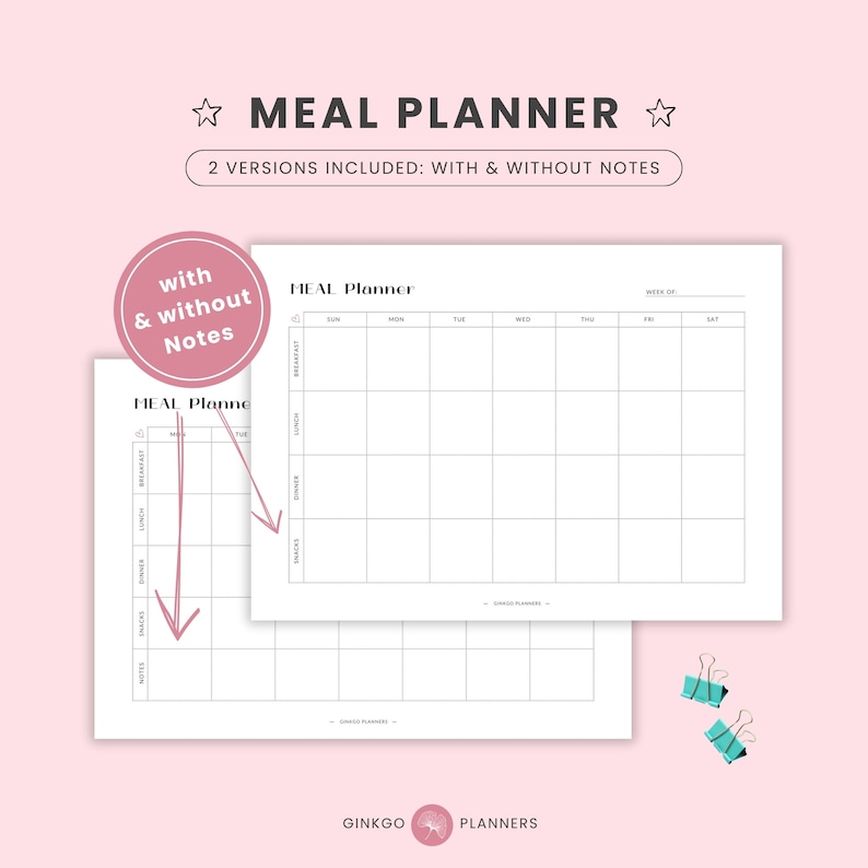 Meal Planner Printable and Grocery List Landscape, Weekly Meal Planner ...