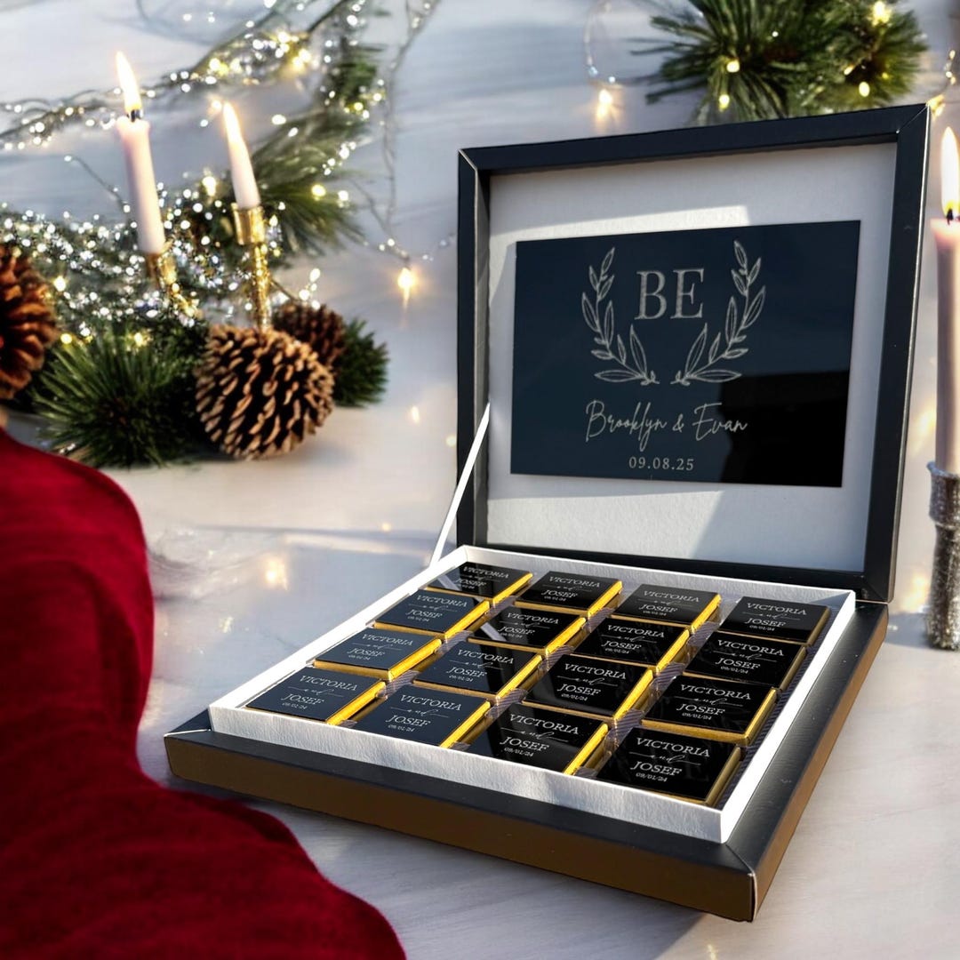 Gold Pleksiglass Wedding Chocolates in Black Box, Custom Milk or Dark ...