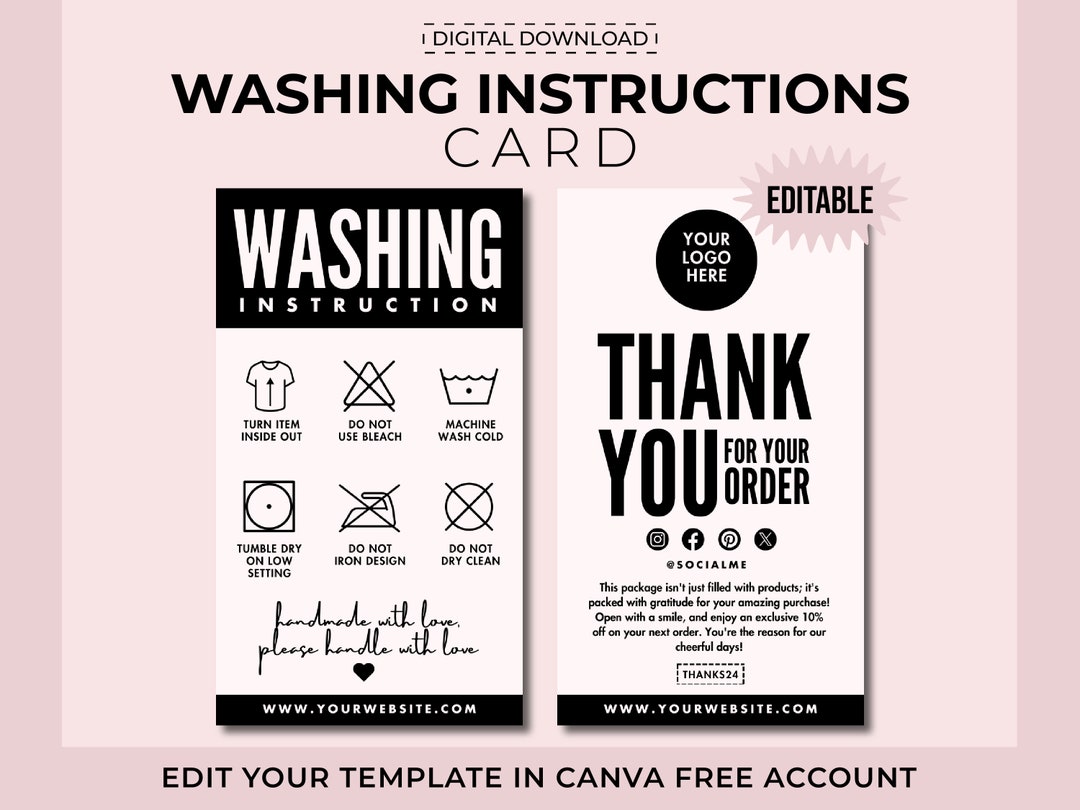 Editable Washing Instructions Card Canva Template Thank You - Etsy