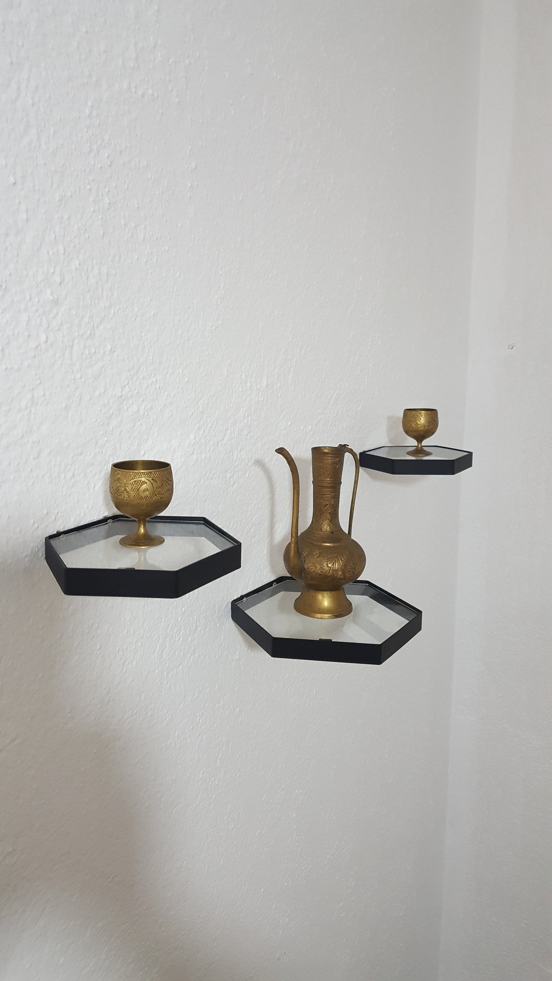 Floating Hexagon Glass Shelves Wall Mounted Black Shelf Wall Hanging ...