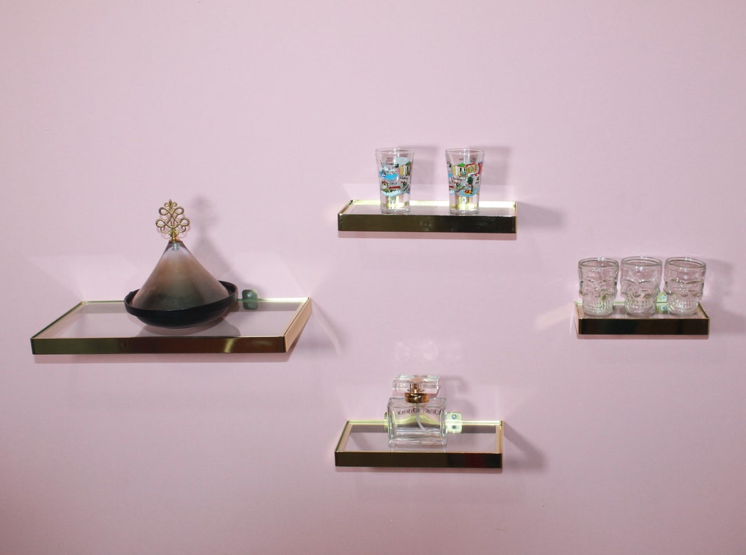 Floating Rectangle Glass Shelves Wall Mounted Gold Shelf Wall Hanging ...