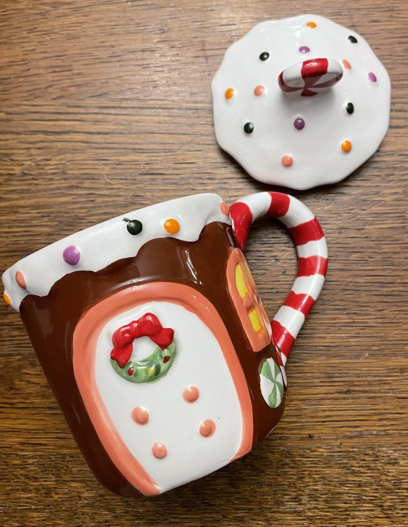 Holiday Mug With Lid Covered Candy Cane House Cup Hot Cocoa Mug ...