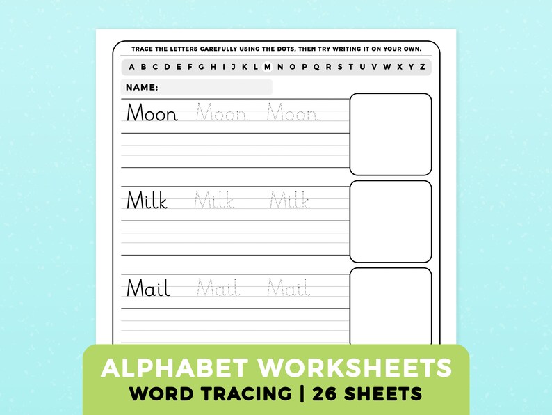 Printable Alphabet Worksheets for Kids | Word Tracing: 26 Sheets of ...