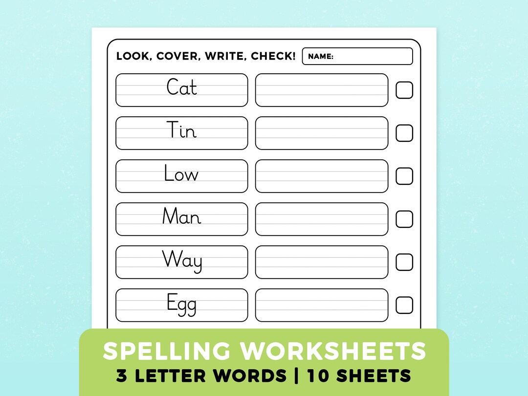 Printable Spelling Worksheets for Kids | 3 Letter Words: 10 Look Cover ...
