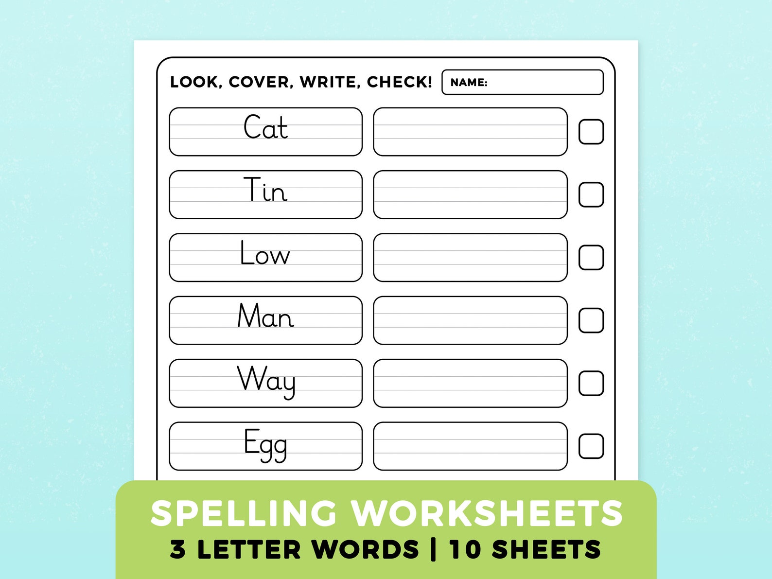 Printable Spelling Worksheets for Kids | 3 Letter Words: 10 Look Cover ...